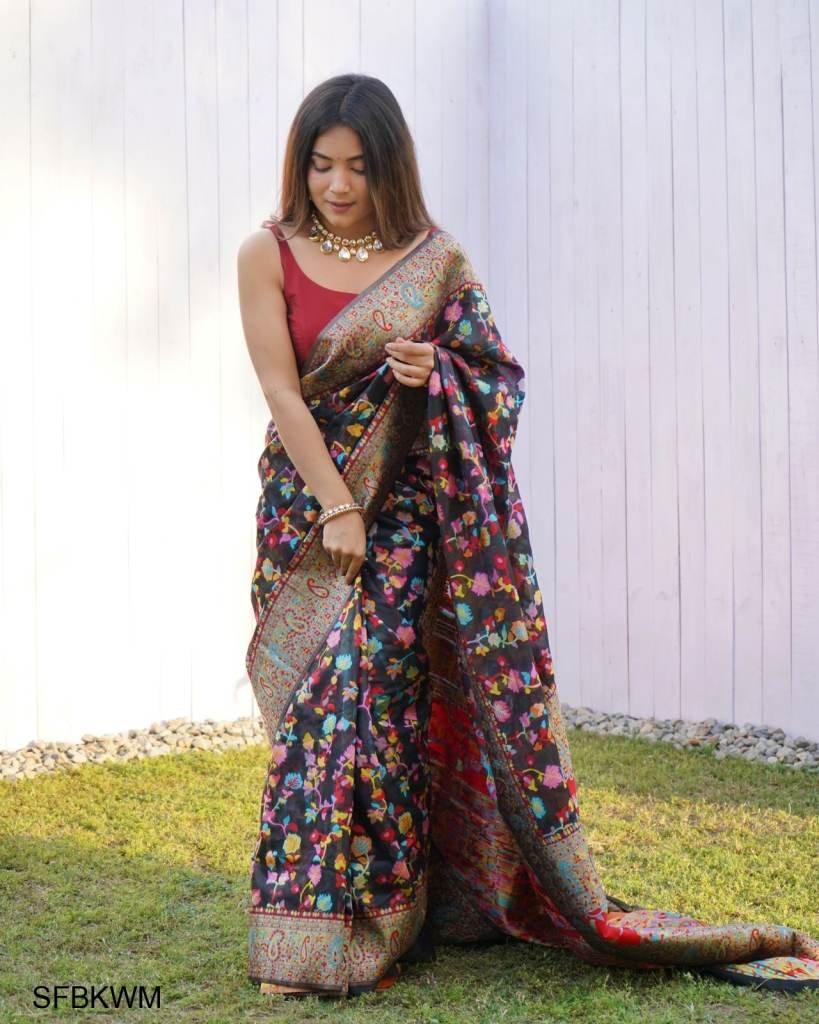 Black Kashmiri Weaving Multiple Color Thrade Weaving Pure Zari Weaving