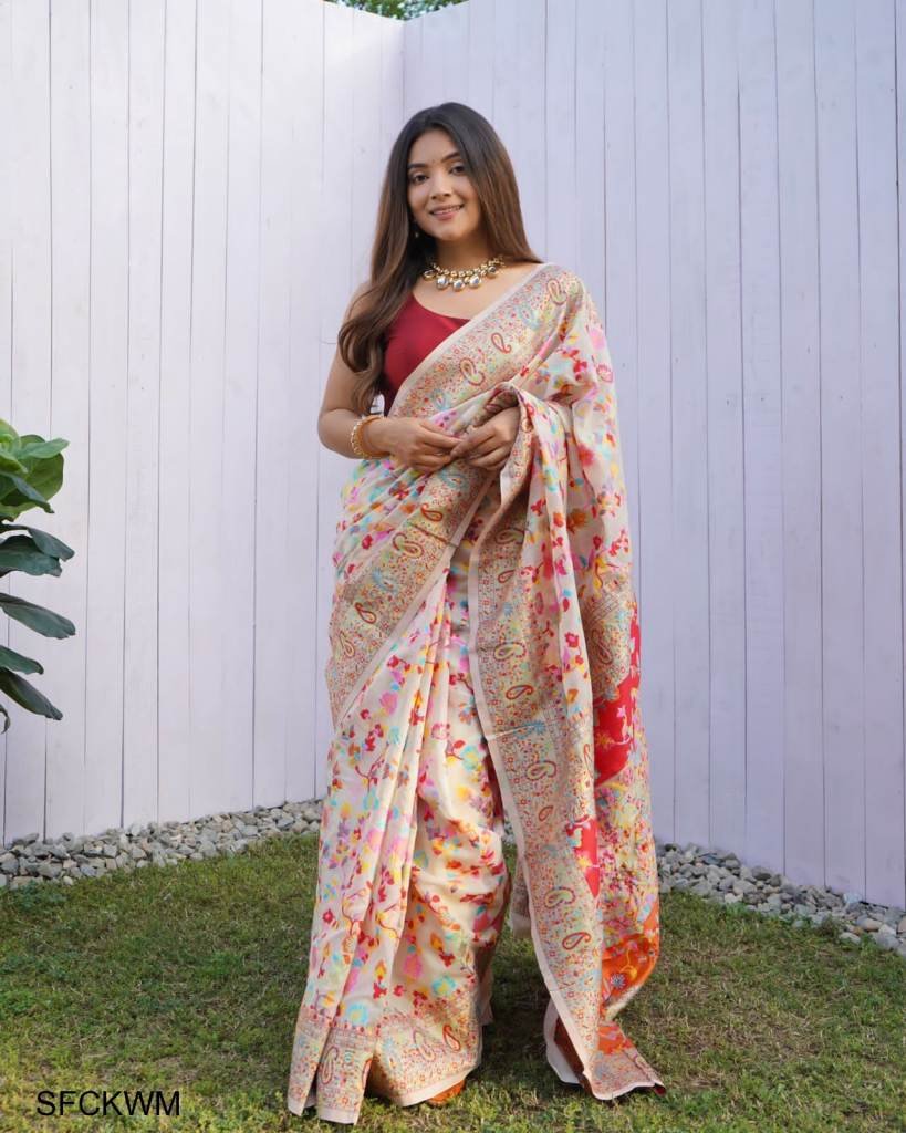 Cream Kashmiri Weaving Multiple Color Thrade Weaving Pure Zari Weaving