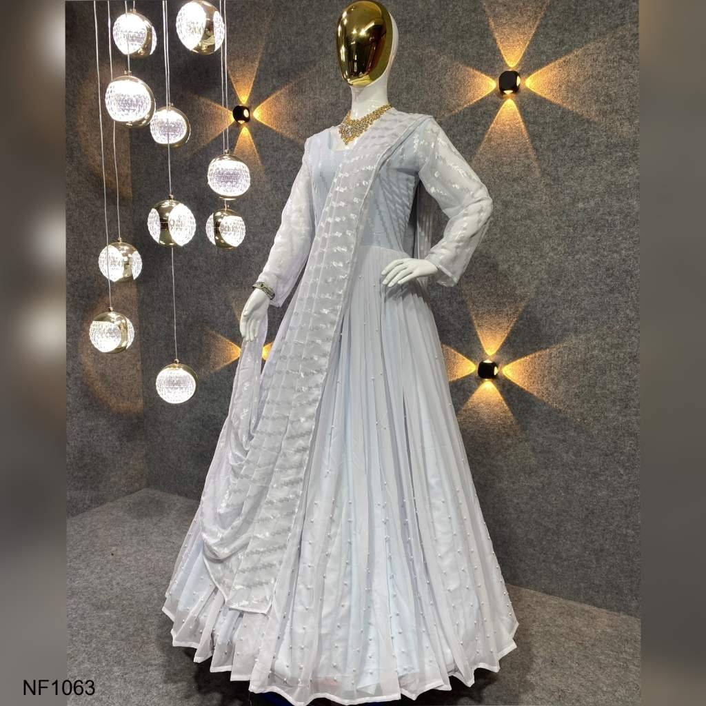 Party Wear Look New One Colour Gown With Foil Print Work NF1063