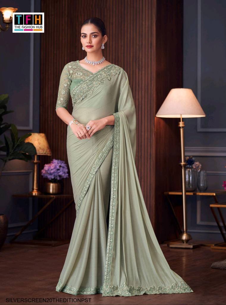 Sequins Silk Shiffon Designer Saree in Pista